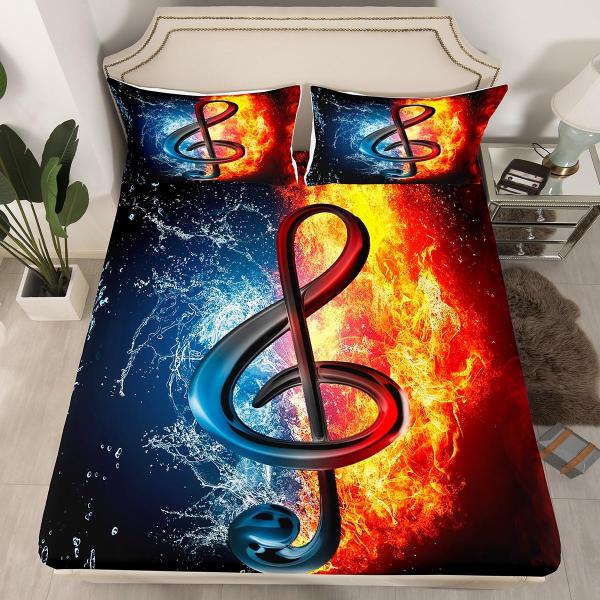 商品名: 音楽テーマ ボックスシーツ 水 炎 音符 プリント 寝具セット フルサイズ ラグジュアリー ミュージカル パターン ベッドシーツセット 子供 男の子 女の子 男性 女性 寝室 装飾 ヒップスター スタイル ベッドカバー Music...