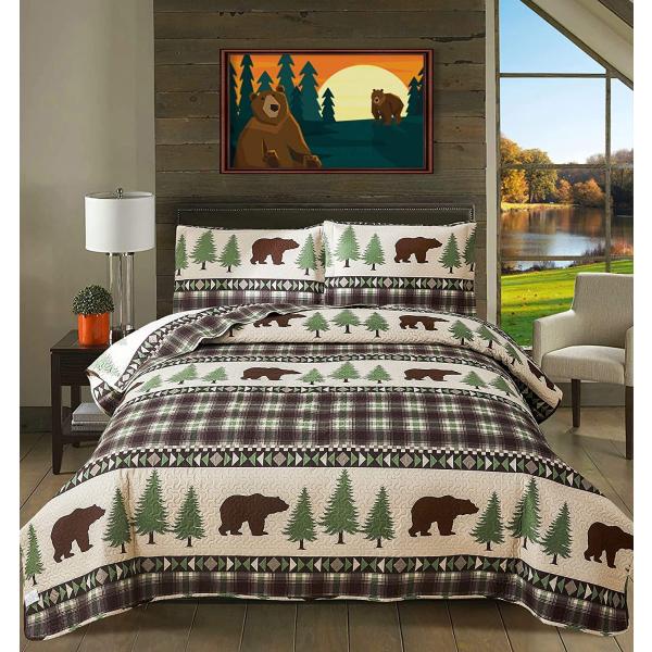 商品名:  Quilts Queen Size, 3Pcs Rustic Cabin Bedspread Coverlet Set Brown Bear Green Pine Tree Bedding Set Lightweight Sof...