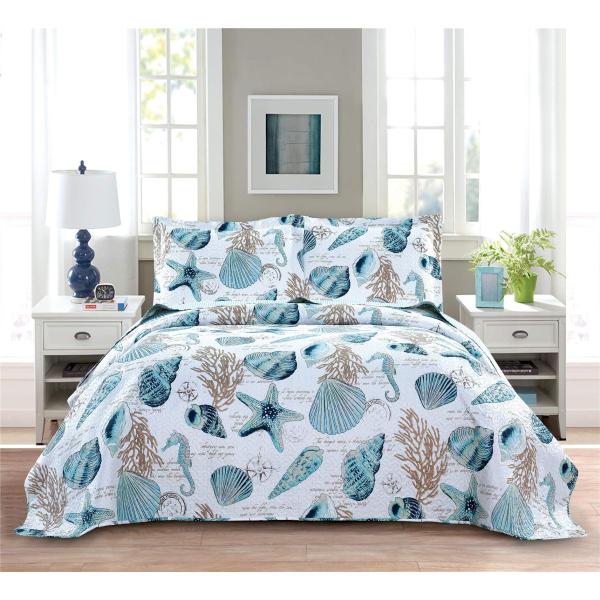 商品名: 3-Piece Reversible Nautical Theme Bedspread Coverlet Queen(90x90 Inches),Blue-Green Seashells Coral Beach Bedding S...
