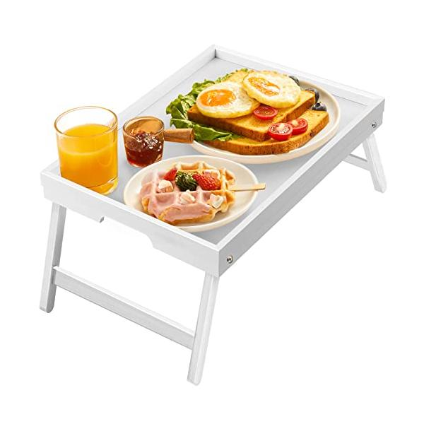 商品名: Pipishell ベッドテーブルトレイ 竹製朝食大皿トレイ 折りたたみ脚付き 竹製キッチンサービングトレイ (ホワイト) Bamboo Bed Tray for Breakfast, Snack Table with Foldi...