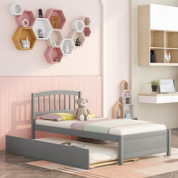商品名:  Twin Size Platform Bed with Trundle for Kids Bedroom,Wooden Low Platform Bed Frame with Headboard and Footboard fo...