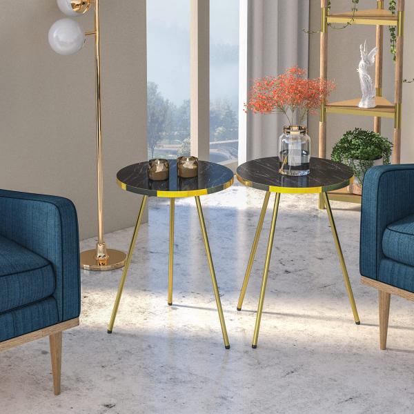 商品名: SUNRISE HOME DECOR エンドテーブル 2個セット 大理石調 木製 ラウンドソファ ネスティングサイドテーブル 小さなスペース用 ナイトスタンド ベッドサイドテーブル 工具不要 組み立て(ブラックマーブル/グレー) ...