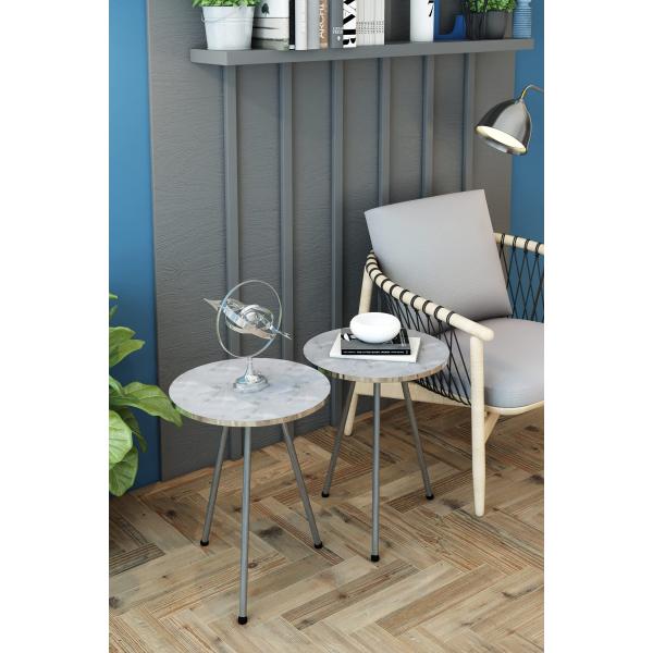 商品名: SUNRISE HOME DECOR エンドテーブル2個セット 大理石調木製ラウンドソファ ネスティングサイドテーブル 小さなスペース用 ナイトスタンド ベッドサイドテーブル 工具不要 組み立て(ホワイトマーブル/シルバー) SU...