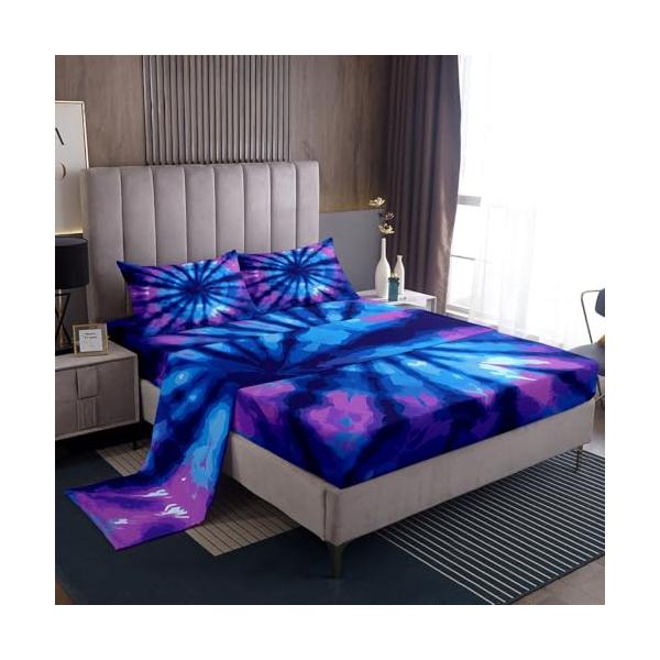 商品名: Feelyou Conjunto de len〓〓is psicod〓licos Boho Tie Dye Conjunto de len〓ol azul bo〓mio cigano len〓ol com el〓stico 4 p...