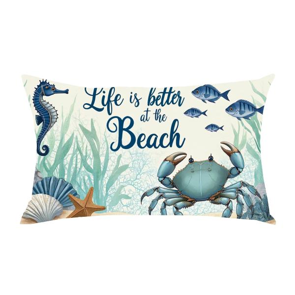 商品名: WENIANRU 水彩 緑 蟹 魚 Life is Better at The Beach 夏 ホーム ソファ 椅子 ベッド 装飾 腰 枕カバー コットンリネン 装飾 スロー 枕カバー ケース 長方形 12 x 20インチ WEN...
