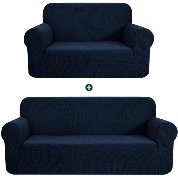 商品名: CHUN YI ストレッチソファスリップカバー1点セット ソファとラブシート用、ソファカバーセット 2人掛け3人掛け長椅子用、スモールチェックジャカード生地(ダークブルー、ソファ&amp;ラブシート用カバー) CHUN YI 1 ...