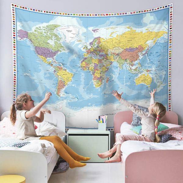 商品名: Large World Map Tapestry Wall Hanging Tapestry World Map For Kids Educational Tapestry With Country Flags World Map...