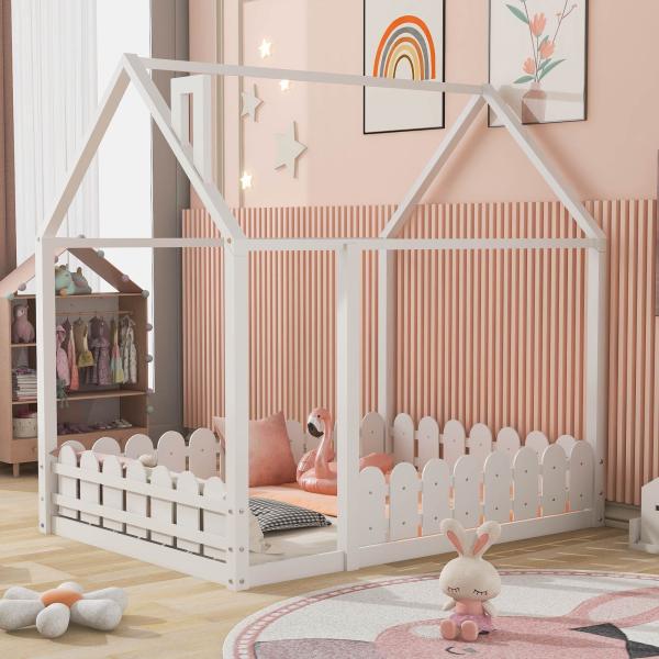 商品名:  Bellemave Kids House Beds, Full Floor Bed with Fence Wood Cabin Bed Frame Can be Decorated for Teens, Girls, Boys,...