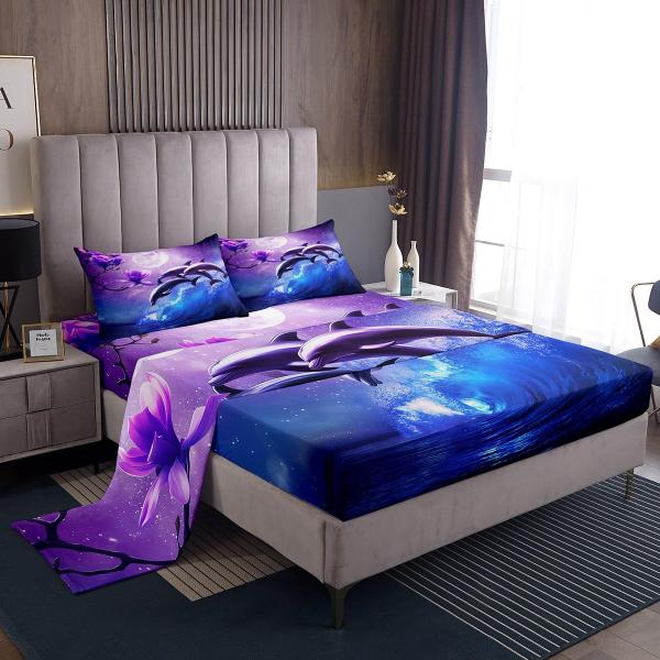 商品名: Conjunto de len〓〓is de golfinho gal〓xia tamanho completo ondas do oceano costeiro roupa de cama flores de cerejeira...