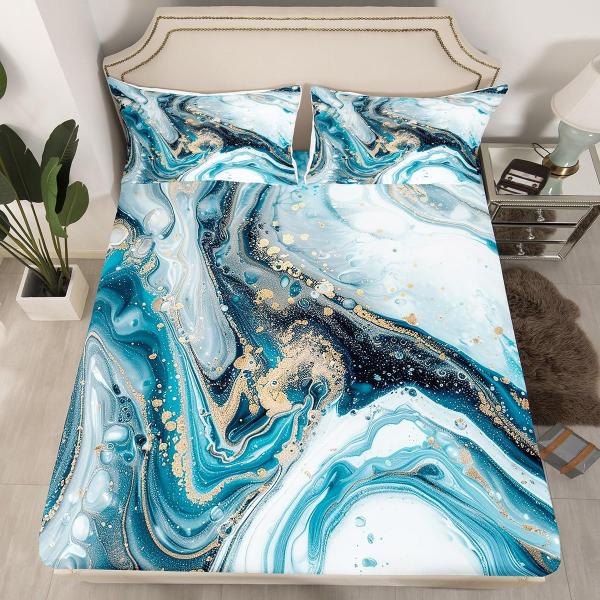 商品名:  Blue White Marble Fitted Sheet Abstract Marble Ripples Bed Sheet Set for Kids Boys Girls Women Luxury Gold Teal Cr...