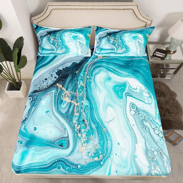 商品名:  Marble Fitted Sheet Teal Blue Golden Marble Bed Sheet Set Abstract Bedding Set for Kids Boys Girls Women Luxury Oc...