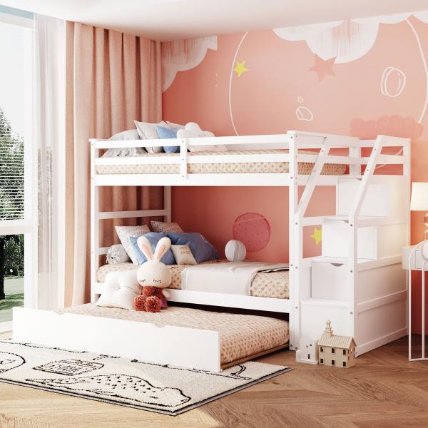 商品名:  Twin-Over-Twin Bunk Bed with Trundle Bed, Wood Bunk Bed Frame with 3 Storage Stairs and Guard Rail, Space-Saving D...