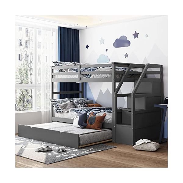商品名:  Bellemave Twin-Over-Twin Bunk Bed with Trundle Bed, Wood Bunk Bed Frame with 3 Storage Stairs and Guard Rail, Spac...