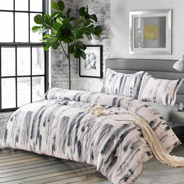商品名:  Nanko King Comforter Set 3pc, Art Grey White Printed Pattern Reversible Down Alternative Microfiber Bedding - All ...