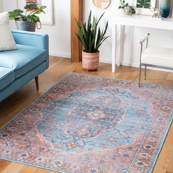 商品名:  SAFAVIEH Washable Rug Serapi Collection - 5'3" x 7'6", Blue &amp; Orange, Slip Resistant &amp; Easy to Clean, Idea...
