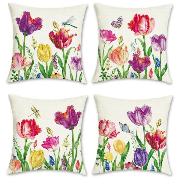 商品名: Bonhause チューリップ 春 花柄 クッションカバー 18 x 18インチ 4枚セット ファームハウス ガーデン カラフル 枕カバー ポリエステルリネン パティオ ソファ ベッド ホームデコレーション Bonhause Tu...