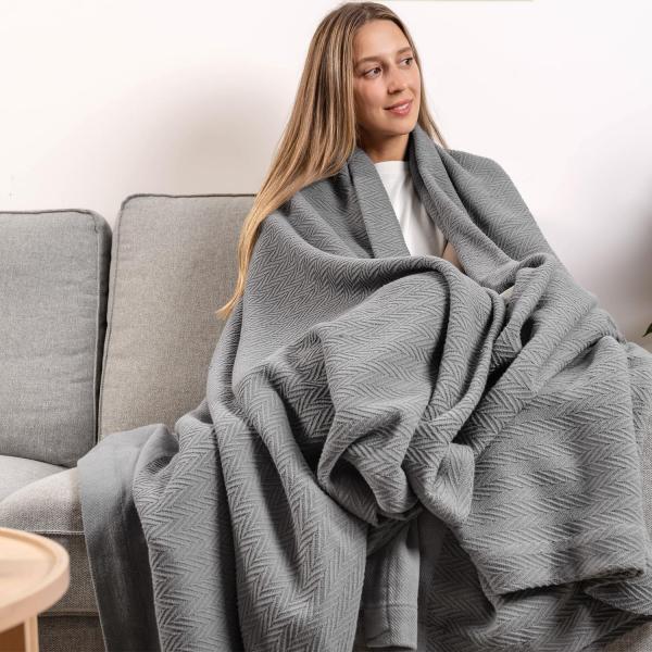 商品名:  Carressa Linen Pure Cotton, Luxury King Size Dark Grey Blanket Herringbone Pattern, Lightweight, Soft &amp; Cozy P...