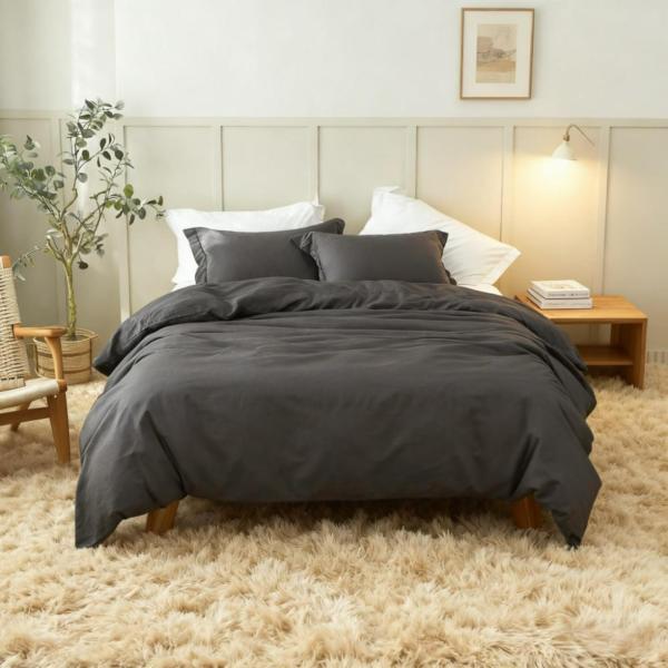 商品名: Simple&amp;Opulence フレンチリネン掛け布団カバーセット 172.7 cm x 216.4 cm - 2ピース(掛け布団カバー1枚、枕カバー1枚)-天然亜麻コットンブレンド-無地通気性ファームハウス寝具-チャコー...