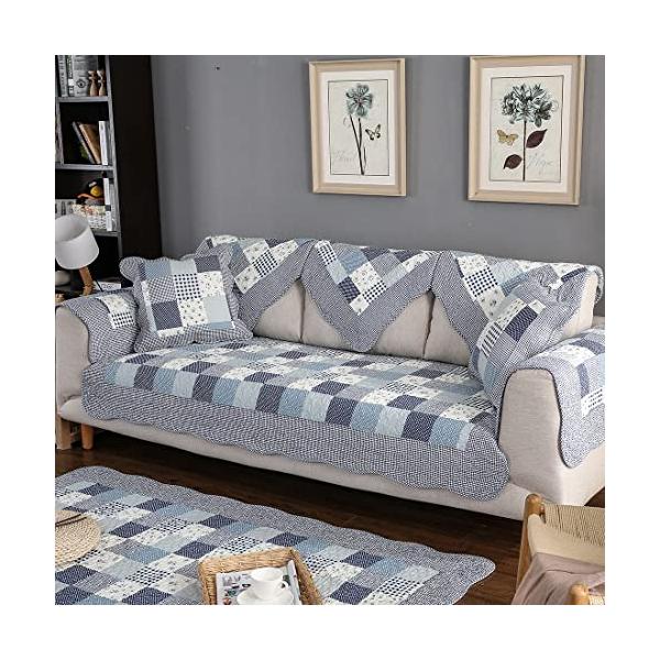 商品名: vctops フローラル リアル パッチワーク ソファ カウチ カバー ボーホー コットン キルト セクショナル カウチ カバー 滑り止め ソファ スリップカバー 犬 子供 ペット 家具プロテクター (ブルー、71.1 cmx71...