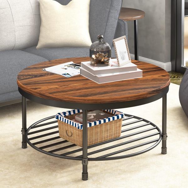 商品名: ラウンドコーヒーテーブル、素朴な木製表面トップ&amp;頑丈な金属製の脚 工業用ソファテーブル リビングルーム用 ナチュラルエンドテーブル モダンデザイン ホーム家具 収納オープンシェルフ付き (ダークレッドブラウン) Round...