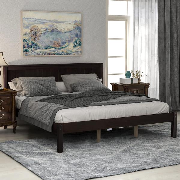 商品名:  Queen Platform Bed with Headboard, Solid Wood Bed Frame with Center Support Feet, No Box Spring Needed, Espressoブラ...