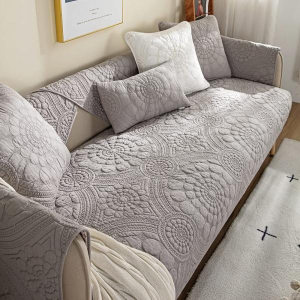 商品名: XSlive コットンキルトソファカバー ボーホー サークル 刺繍 セクションカウチ スリップカバー 無地 ノンスリップ ソファ スリップカバー 家具プロテクター 犬 ペット 子供用 (ライトグレー、43インチx82インチ) XS...