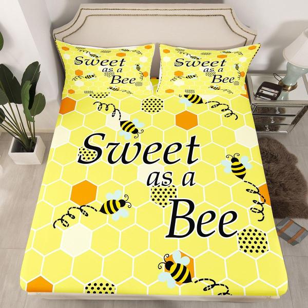 商品名:  Yellow Honeycomb Fitted Sheet Cute Bee Bedding Sets Full,Wild Animal Bed Sheets Hexagon Beehive Bedding Decor Set ...