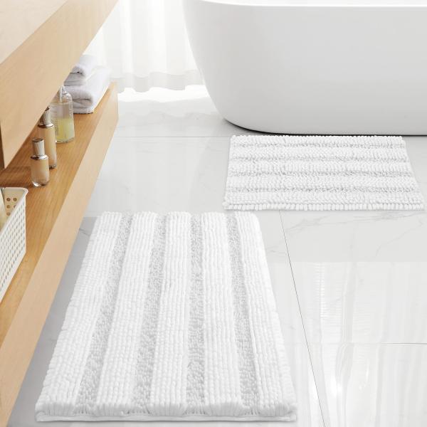 商品名: FLOLEOPA バスルームラグセット 滑り止め 厚手 シャギー シェニール ホワイト 2点セット 厚手 ホットメルトラバー ボトム バスマット 浴室用 バスマット 速乾 洗濯機洗い可 シャワーマット用 Non Slip Thic...