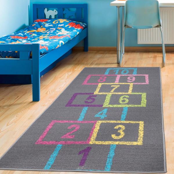 商品名: Ottomanson 子供用ガーデンコレクション 滑り止め ラバーバック ホップスコッチデザイン 3x6 キッズランナーラグ 2フィート7インチ x 6フィート グレー/ピンク Ottomanson 2'2" x 6' Hopsc...