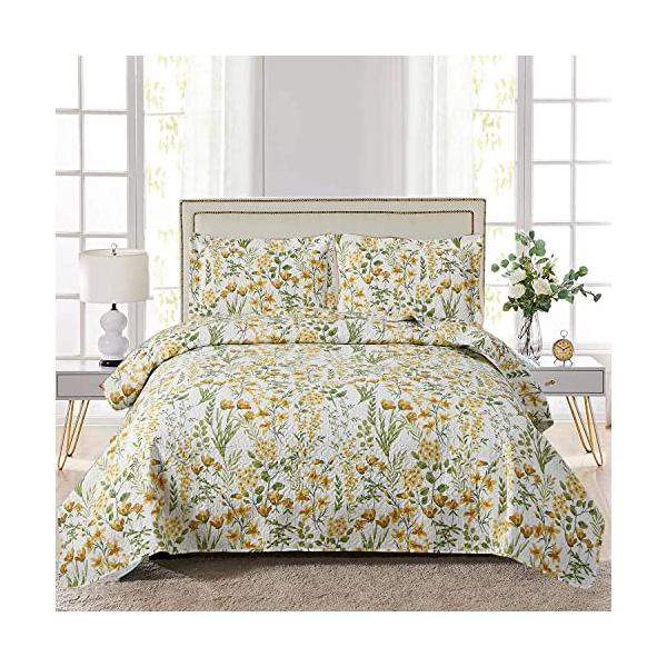 商品名:  Floral Quilt Sets King Size Reversible Countryside Bedspread Coverlets Lightweight Yellow Flower Quilt Bedding Gre...