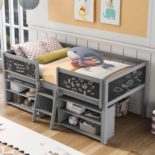 商品名:  Bellemave Kids Loft Bed, Wooden Twin Size Loft Bed with Two Movable Shelves and Chalkboard, Twin Low Loft Bed Fram...