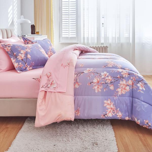 商品名: AIKASY Pink and Light Purple Queen Comforter Set with Sheets,Bed in a Bag 7-Pieces,Branches and Flowers Printing De...