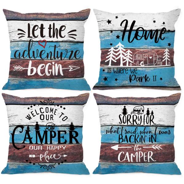 商品名: MIXDING 素朴なWelcome to Our Camper Let The Adventure Begin スロー枕カバー 18x18インチ (4枚セット) 装飾 キャンパー RV ファームハウス ソファ ベッド 寝室 ホー...