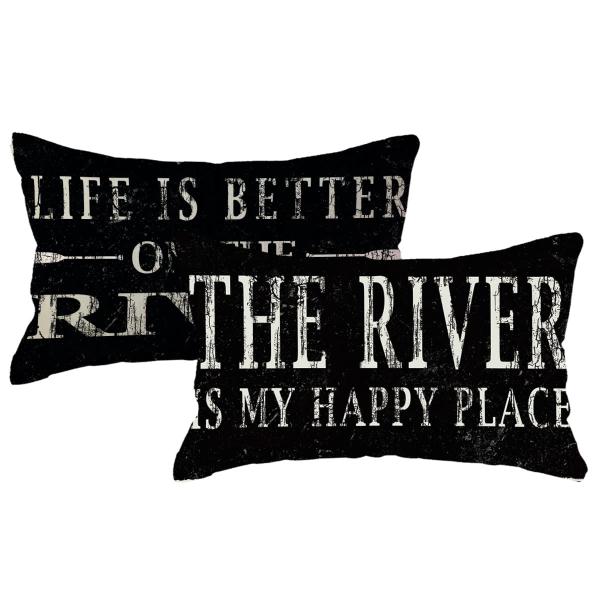 商品名: ULOVE LOVE YOURSELF Life is Better on The River 装飾用腰用クッションカバー The River is My Happy Place ブラックリバーテーマ 装飾枕カバー 12x20イン...