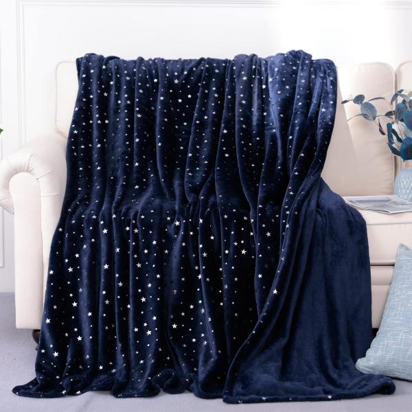 商品名:  Stellhome Navy Blue Throw Blanket, Ultra Soft Thick Flannel Star Foil Print Fleece Bed Blanket for Sofa Couch, Twi...