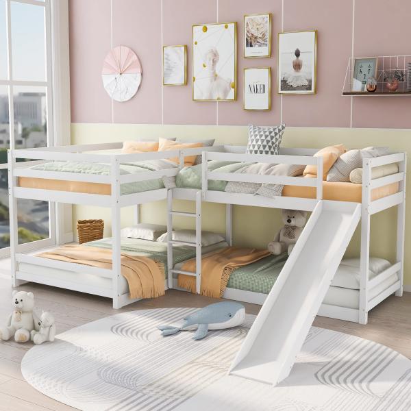 商品名:  Bellemave Wood L-Shaped Bunk Bed with Slide for 4, Full Size Quad Bunk Beds for Kids Boys Girls Teens (4 Beds, Whi...