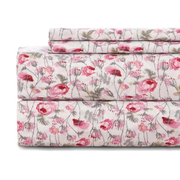商品名: Queen Sheet Set 4PC Printed Pink Flower Pattern Double Bed Luxury Cooling Soft 100% Microfiber Brushed Sheets with ...