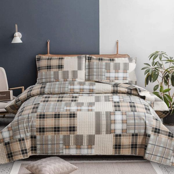 商品名:  Plaid Bedding Quilt Set Full/Queen Lightweight Patchwork Bedspread Breathable Microfiber Geometric Coverlet Brown ...