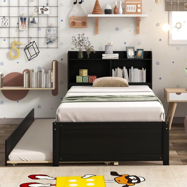 商品名:  MERITLINE Twin Bed with Twin Size Trundle and Bookcase Headboard, Solid Wood Platform Beds with Storage for Kids T...