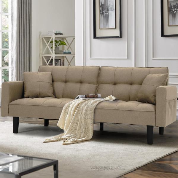 商品名:  AVAWING Futon Sofa Bed, Modern Linen Fabric Convertible Upholstered Couch with Adjustable Back, Arms and High Stre...