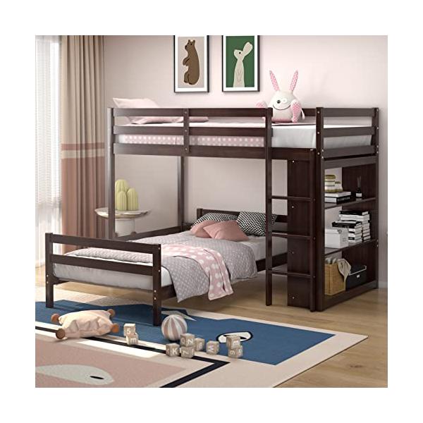 商品名:  Giantex Twin Over Twin Bunk Bed, Wood L-Shaped Bunk Beds with Storage Bookshelf, Bunk Bed Frame with Guardrails an...