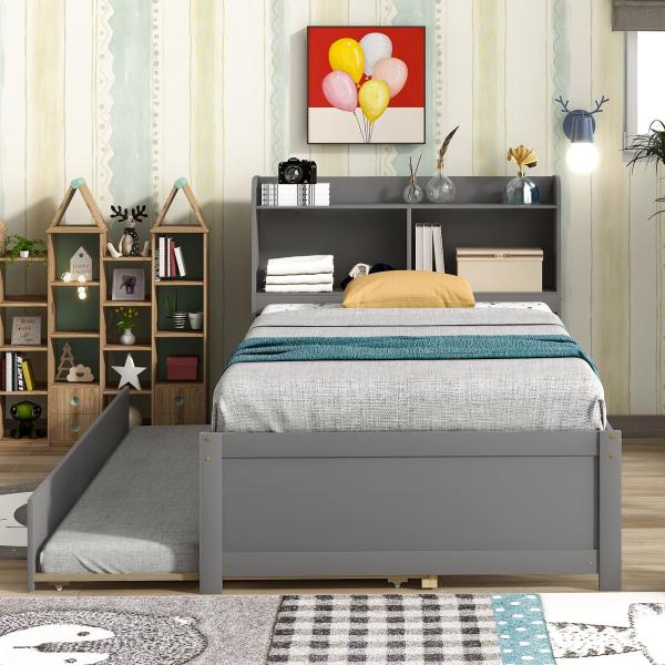 商品名:  Twin Bed with Trundle, Twin Size Platform Bed with Bookcase Headboard and Pull Out Trundle Bed, Wooden Twin Bed Fr...