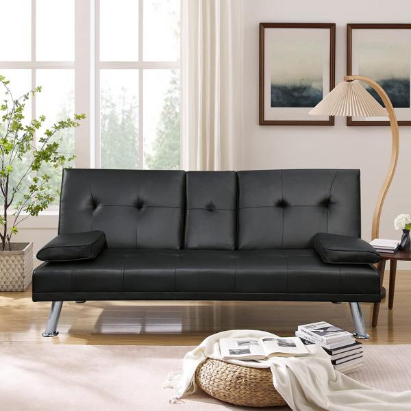 商品名:  Faux Leather Upholstered Modern Convertible Folding Futon Sofa Bed for Compact Living Space, Apartment, Dorm, Bonu...
