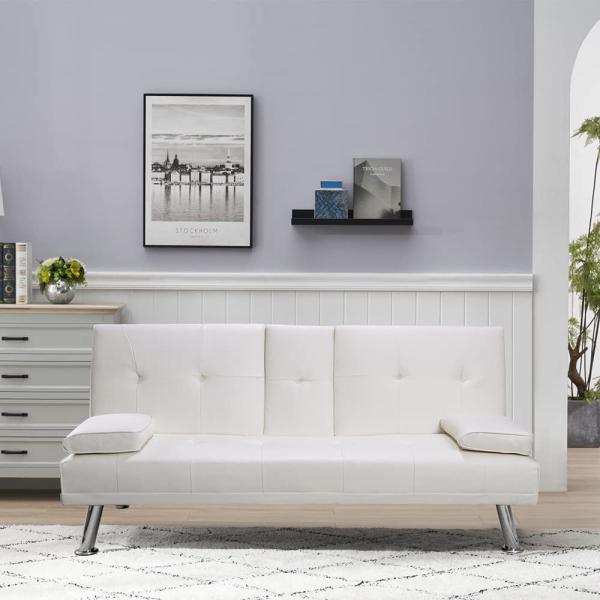 商品名: フェイクレザー 布張り モダン コンバーチブル 折りたたみソファ ベッド コンパクト リビングスペース アパート 寮 ボーナスルーム 取り外し可能な肘掛け メタル脚 カップホルダー2個付き (ホワイト) Faux Leather ...