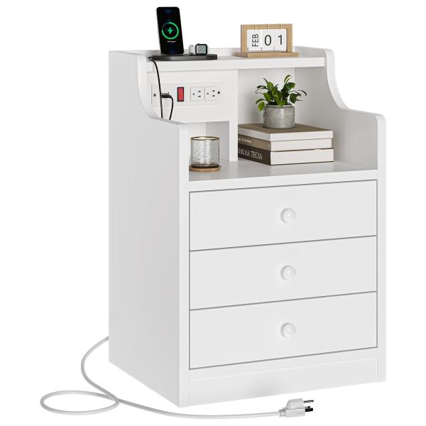 商品名: ADORNEVE 充電ステーション付きナイトスタンド、ハッチ付きホワイトナイトスタンド、引き出し付きベッドサイドテーブル、収納付きベッドサイドテーブル ADORNEVE Nightstand with Charging Stati...