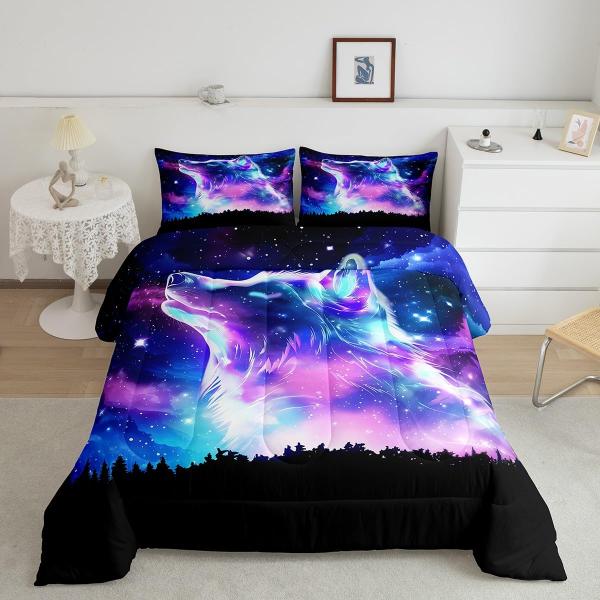 商品名: Feelyou ノーザンライト 掛け布団セット ソフト ギャラクシー ウルフ 寝具セット パープル 星空 オーロラ 装飾 キルト風羽毛布団ベッドセット 掛け布団付き 女の子 男の子 寝室用 (ツイン、2ピース) Feelyou N...