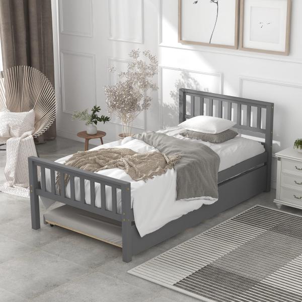 商品名:  Harper &amp; Bright Designs Twin Platform Bed with Trundle, Wooden Twin Bed with Headboard and Footboard, Solid Wo...