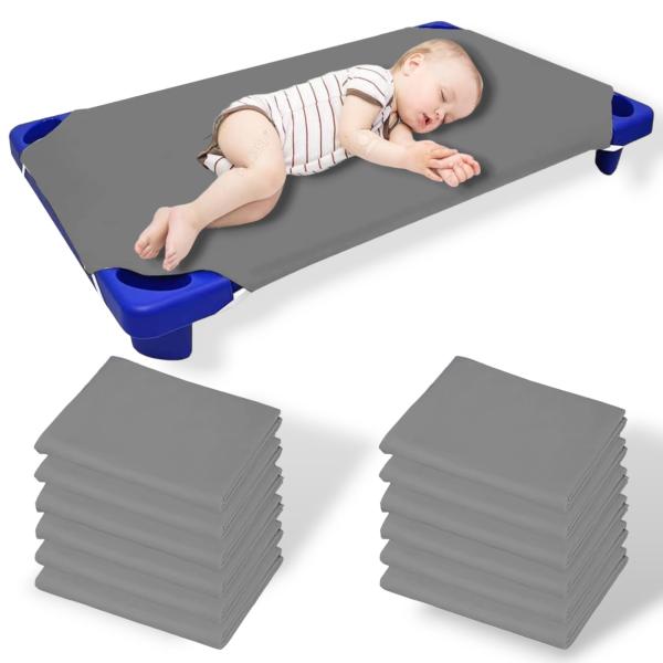 商品名: Pack of 12 Cot Sheet for Daycare Preschool Cot Bed -Polyblend Fabric with Corner Elastic Cots Sheets Fits On 22" X ...