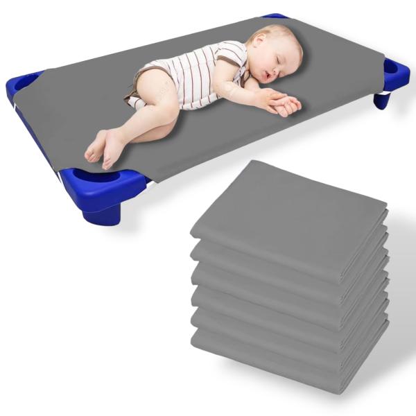 商品名: 標準サイズ 就学前用コットシーツ 幼児保育園/就学前用コットシート コーナーゴムループ コットベッド フィットシート ポリコットン表面 6枚入り(幅22インチ x 長さ52インチ) - ダークグレー Pack of 6 Cot S...