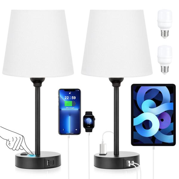 商品名: White Bedside Lamps for bedrooms Set of 2 - Nightstand Bedroom Lamp with USB C Port and AC Outlet Charging, 3 Way D...